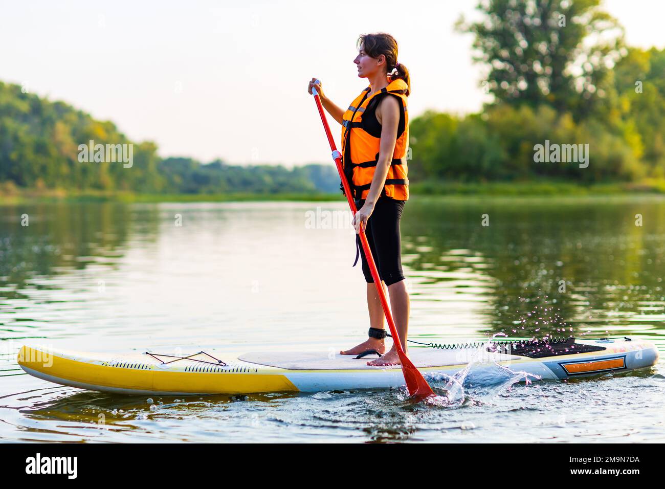 woman in life jacket at sub board at river ar evening , forest trees ...