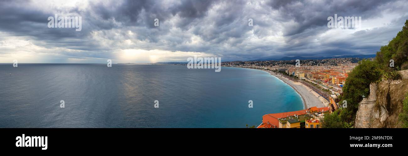 Sandy Beach by Historic City of Nice, France. Castle Hill Stock Photo ...