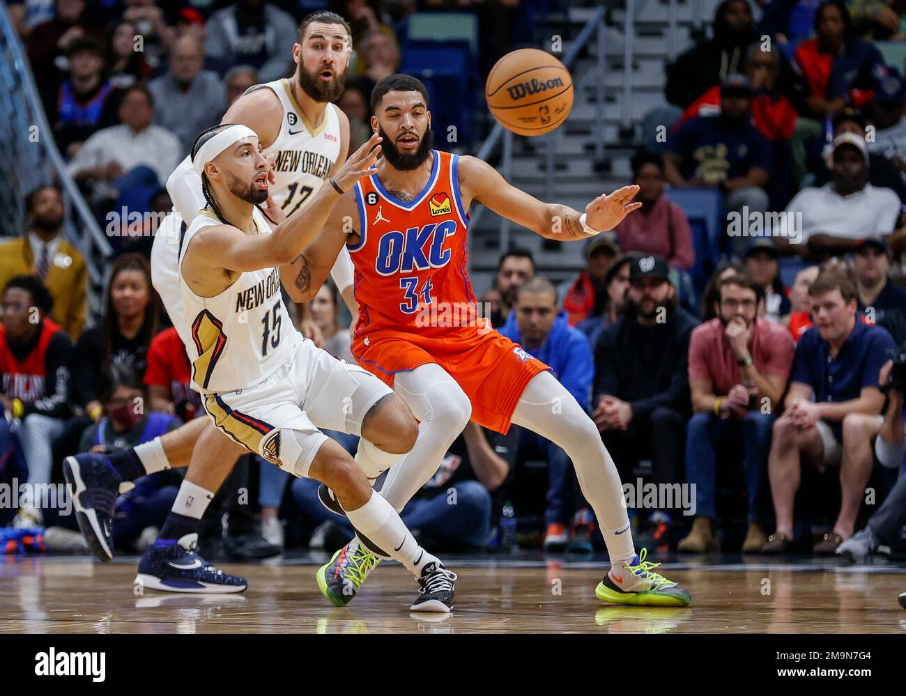 New Orleans Pelicans guard Jose Alvarado (15) passes as Oklahoma City Thunder forward Kenrich ...