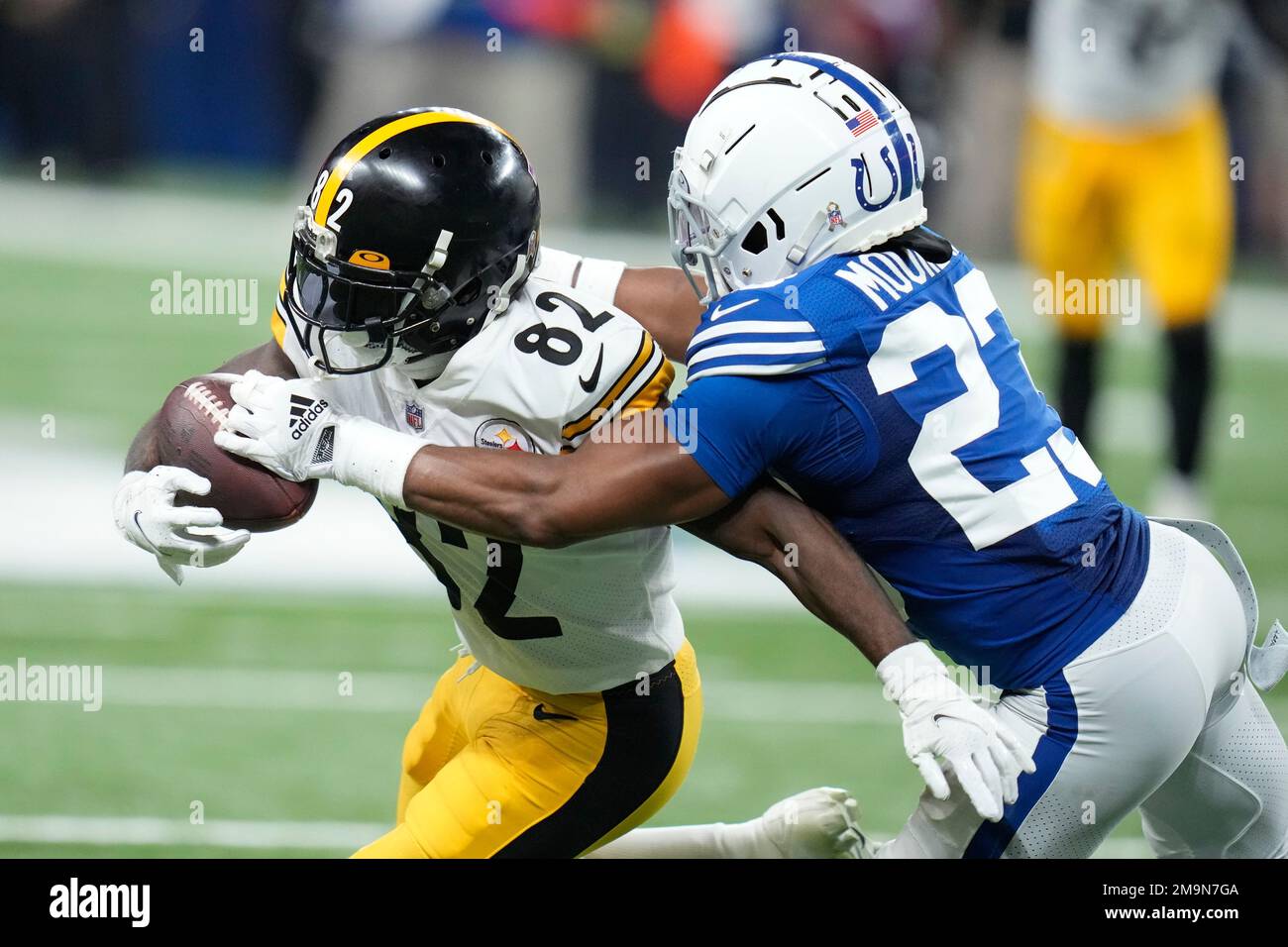 Pittsburgh Steelers' Steven Sims (82) is tackled by Indianapolis Colts ...