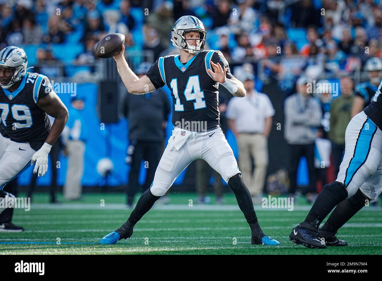Carolina Panthers quarterback Sam Darnold (14) passes the ball during ...