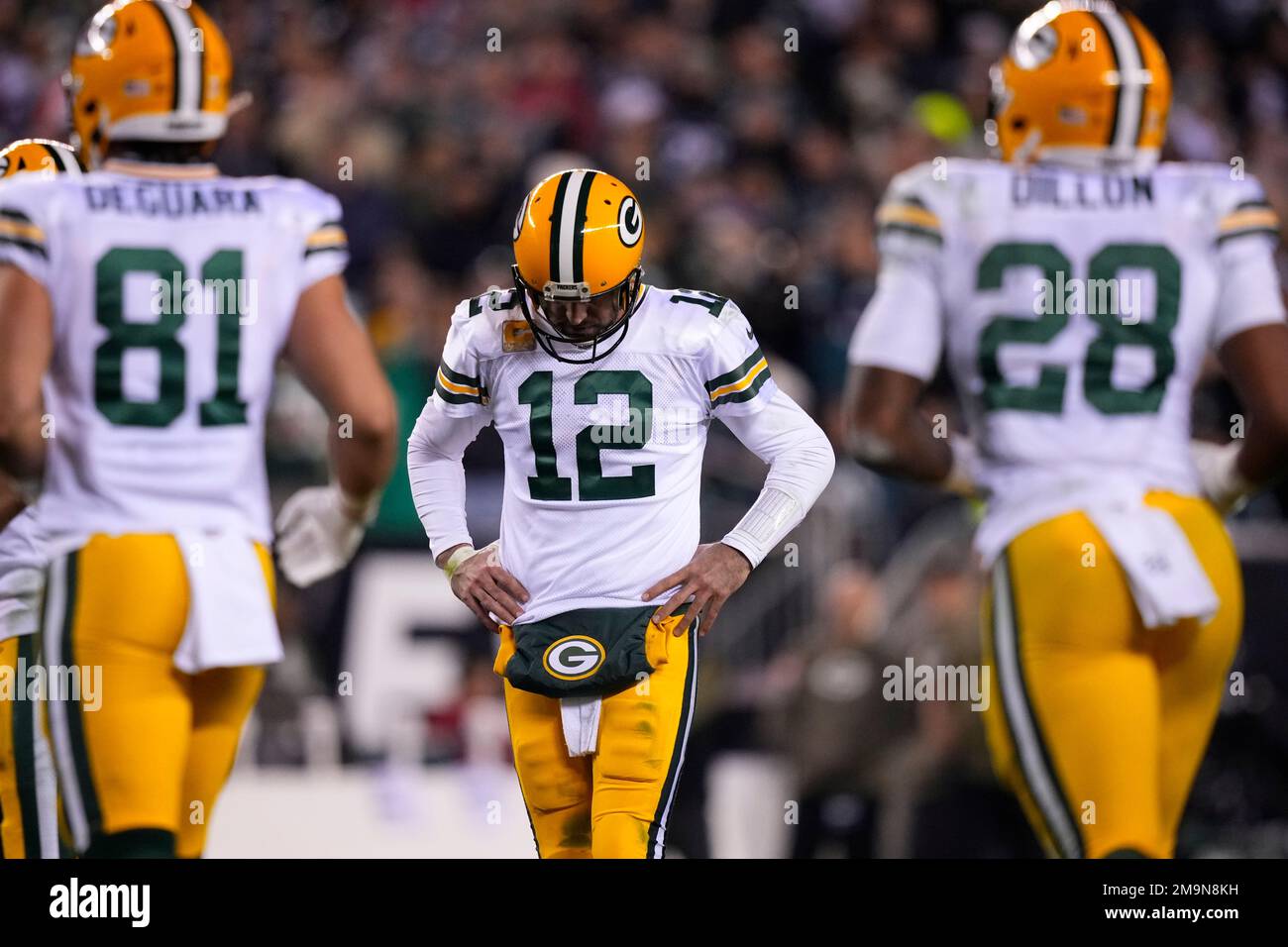 Green Bay Packers' Aaron Rodgers reacts during an NFL football game ...
