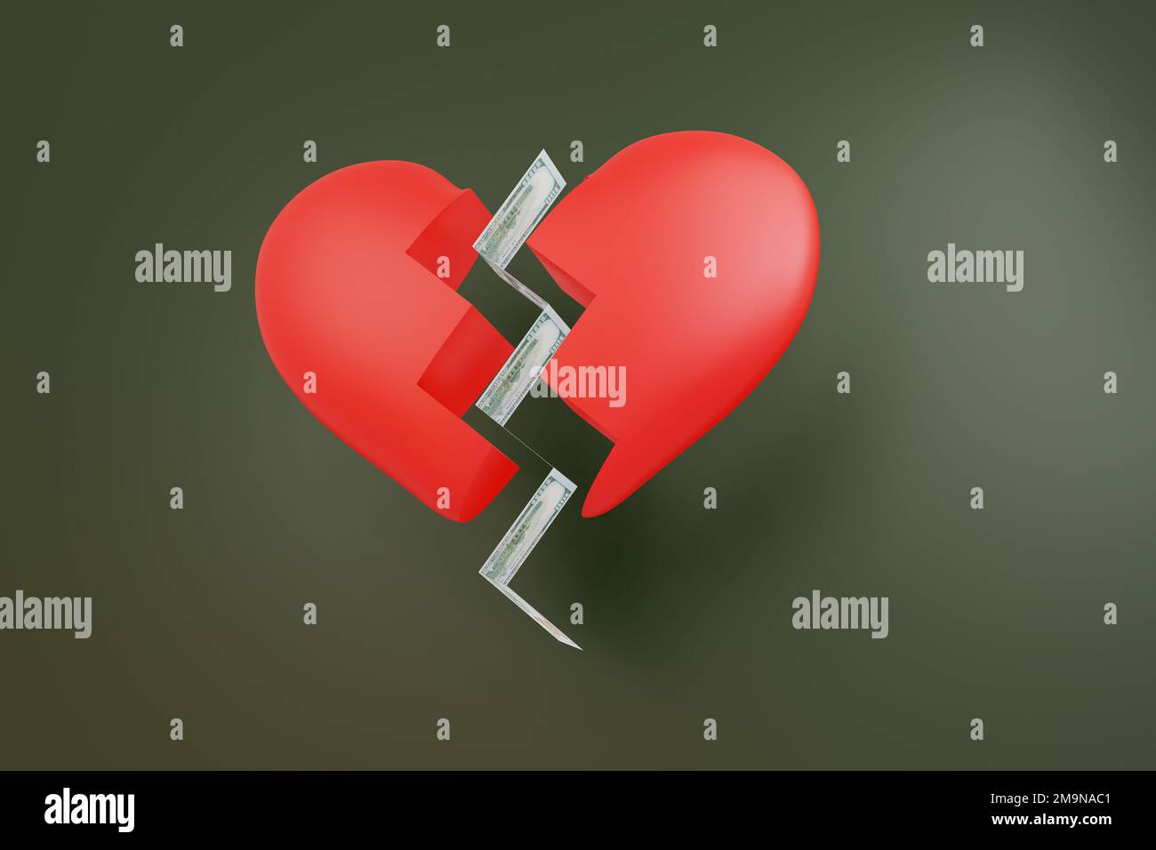 Red heart is cut into halves by US 100 dollar bills. Illustration of ...