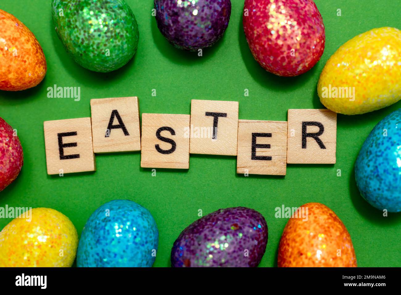 Easter card with eggs on a green background and the inscription Easter ...