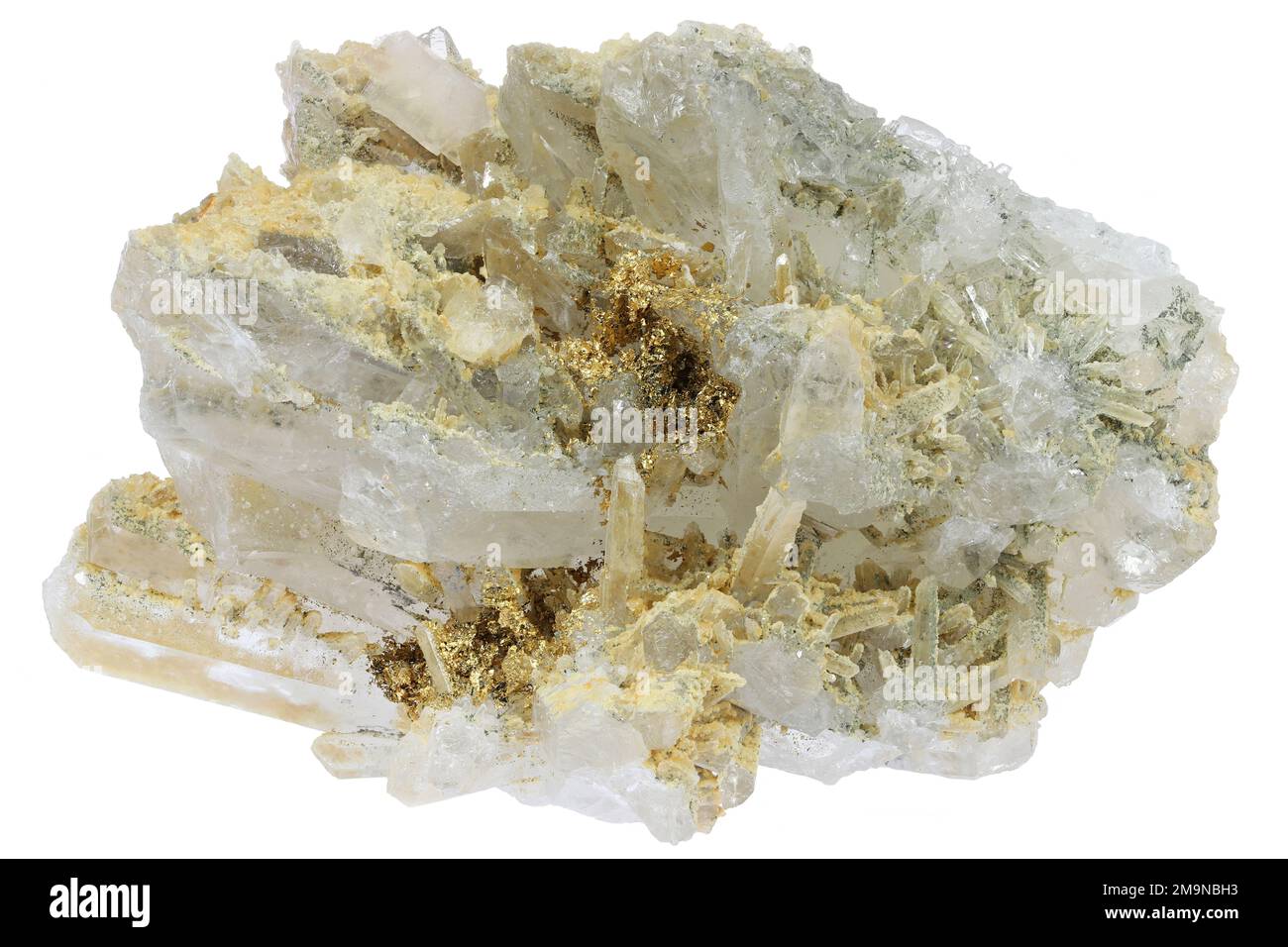 native gold on clear quartz from Eagle Mine, Colorado isolated on white ...