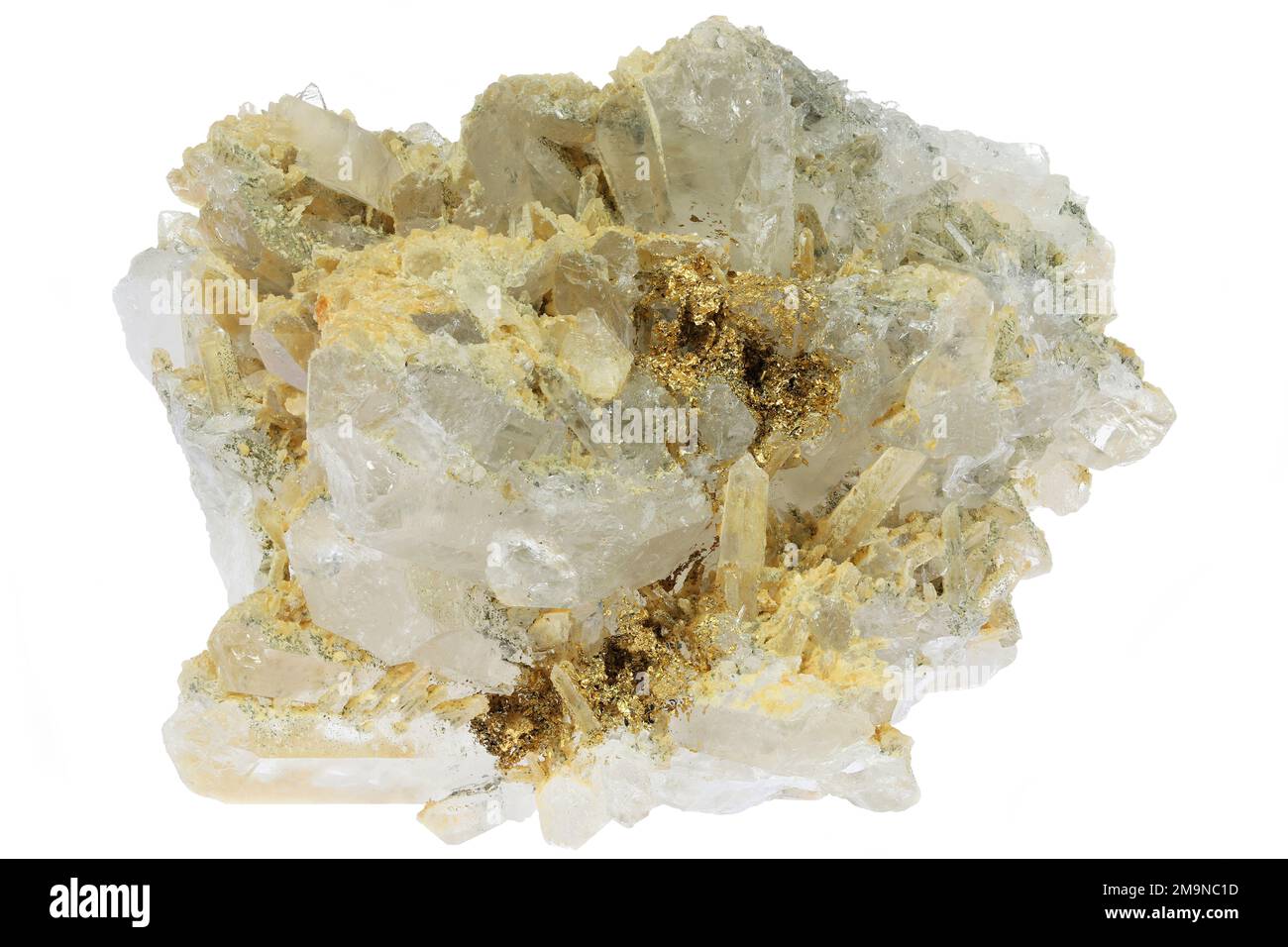 native gold on clear quartz from Eagle Mine, Colorado isolated on white ...