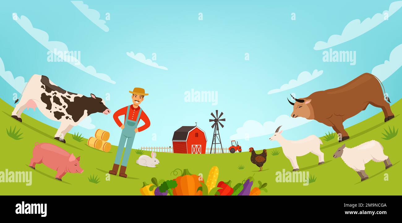 Farmer and farm animals in cartoon scene lanscape background Stock ...