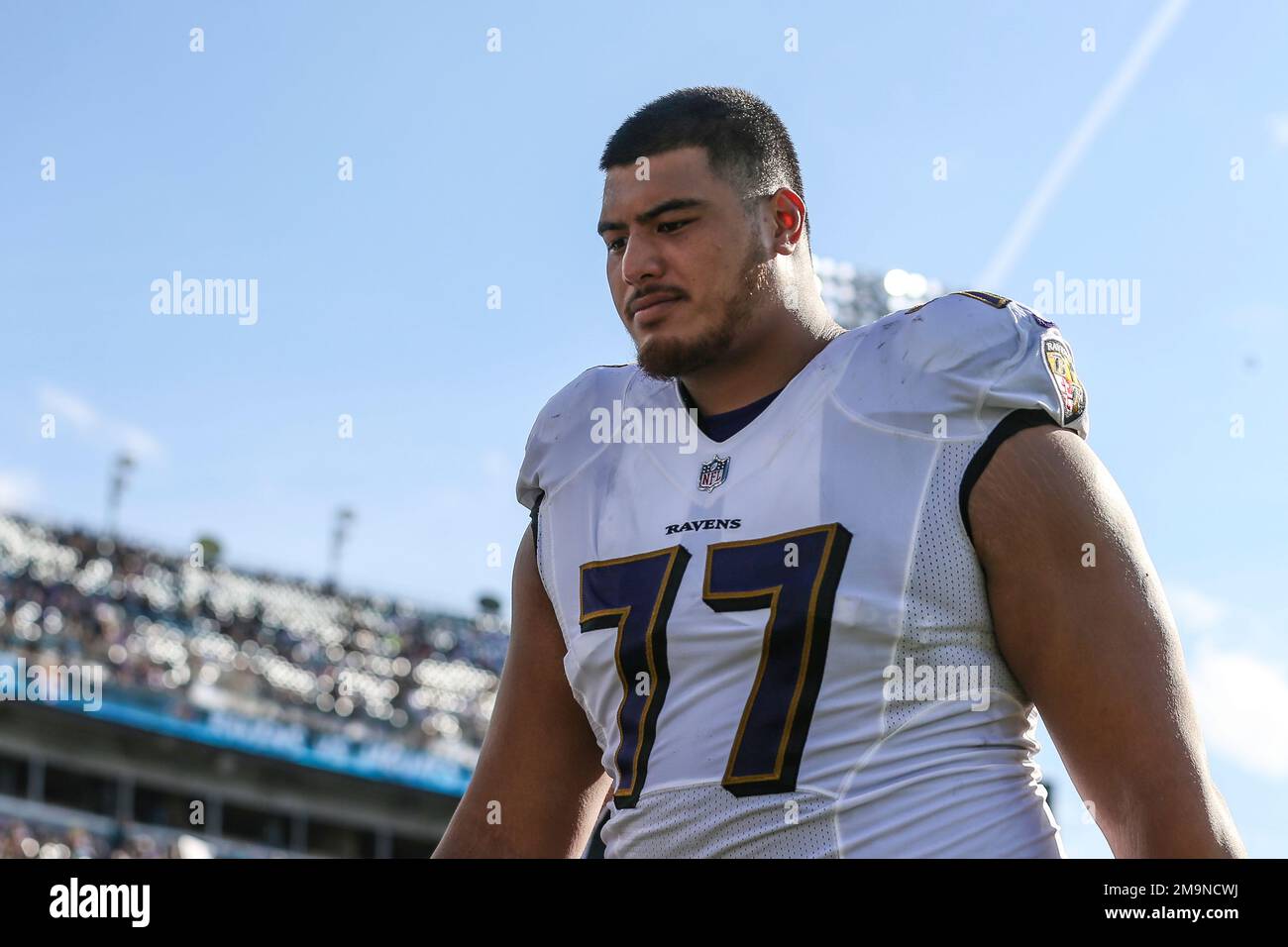 Baltimore Ravens offensive tackle Daniel Faalele (77) walks off the ...
