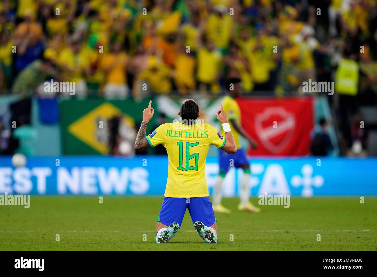 Brazil's Alex Telles reacts after winning the World Cup group G soccer ...