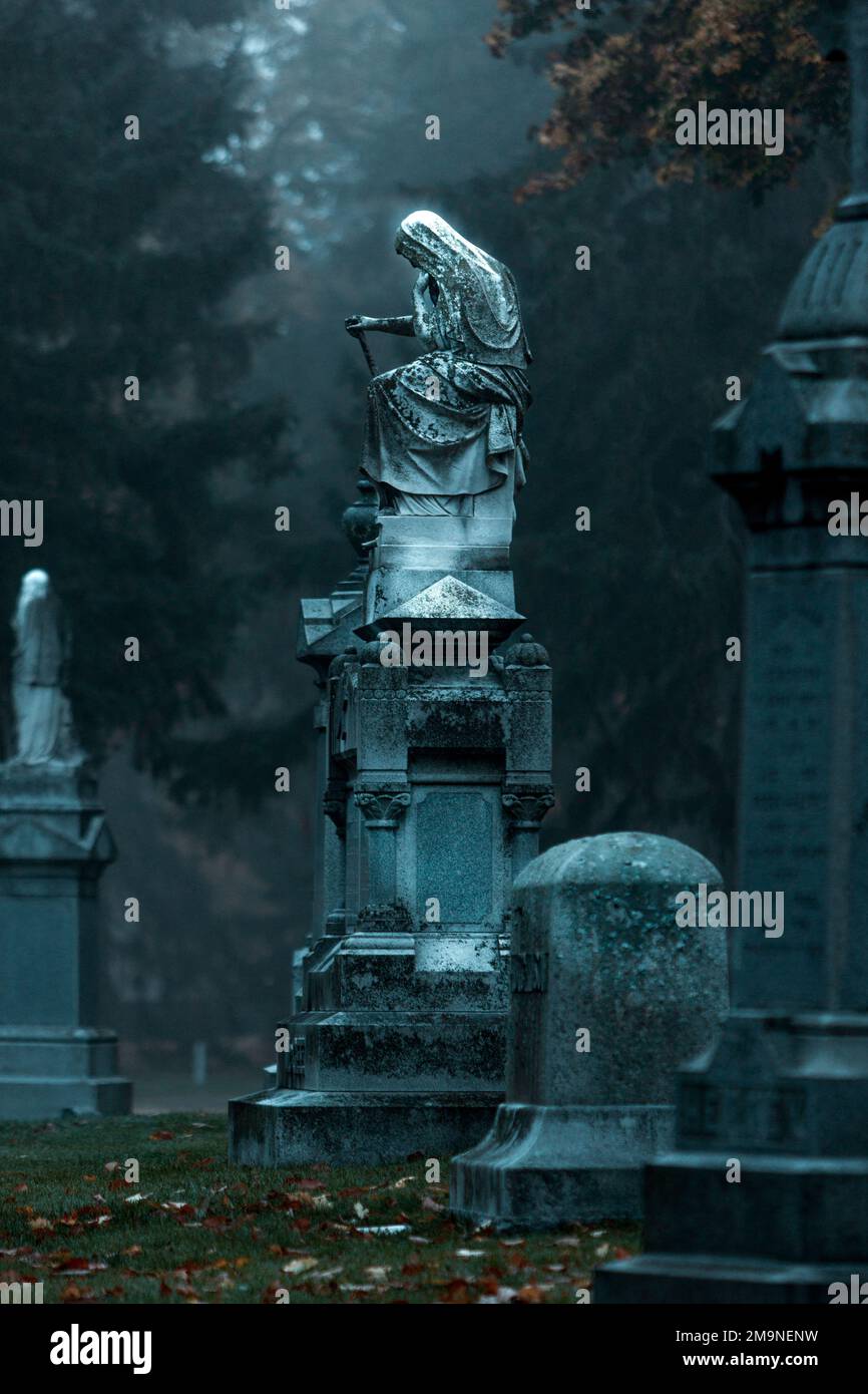 A vertical shot of a graveyard with old tombstones in a mysterious dark ...