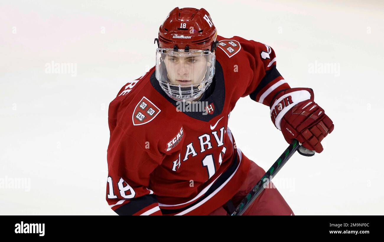 Harvard's Alex Laferriere plays during an NCAA hockey game on Friday ...