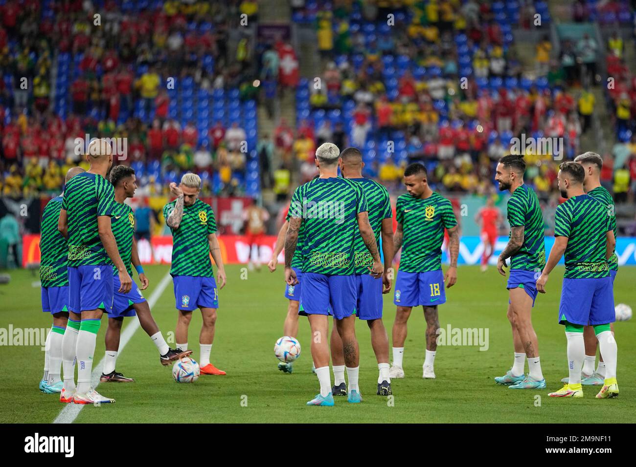 Brazilian players play the ball during a warm-up session prior the ...