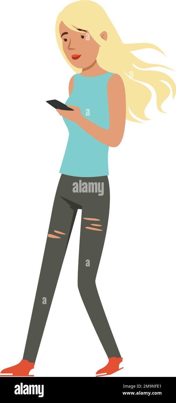 Teen girl walking with smartphone in hand. Cartoon character Stock ...