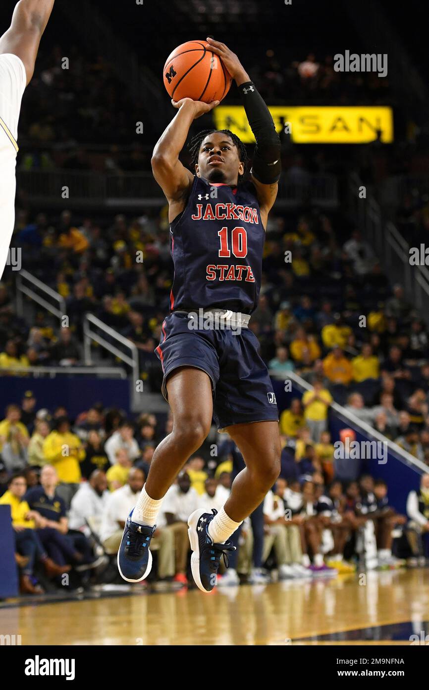 Jackson State guard Chase Adams shoots against Michigan in the first ...