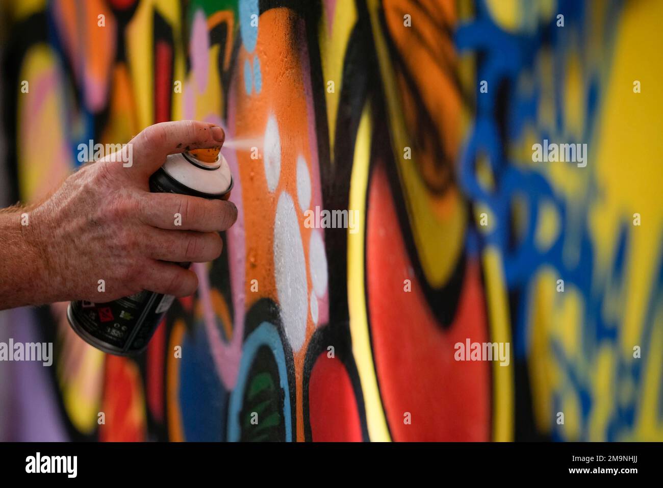 French artist Ben Nebay paints a wall inside a jail at Camp Karingal ...