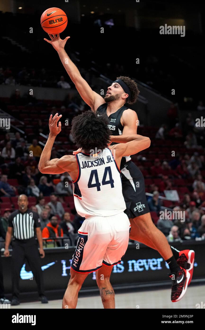 Iowa State guard Gabe Kalscheur, rear, goes to the basket as ...