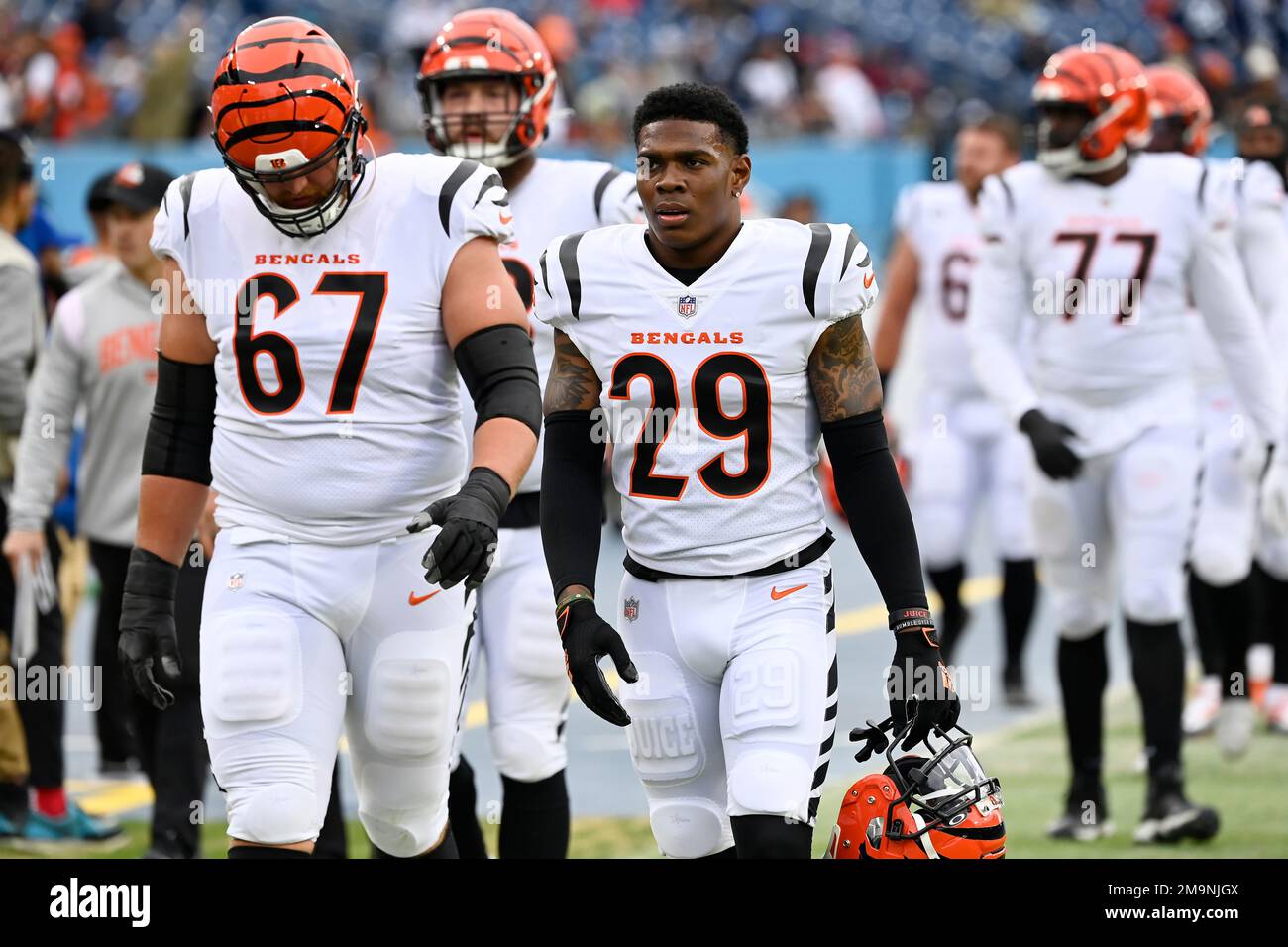 Cincinnati Bengals cornerback Cam Taylor-Britt (29) walks the field ...