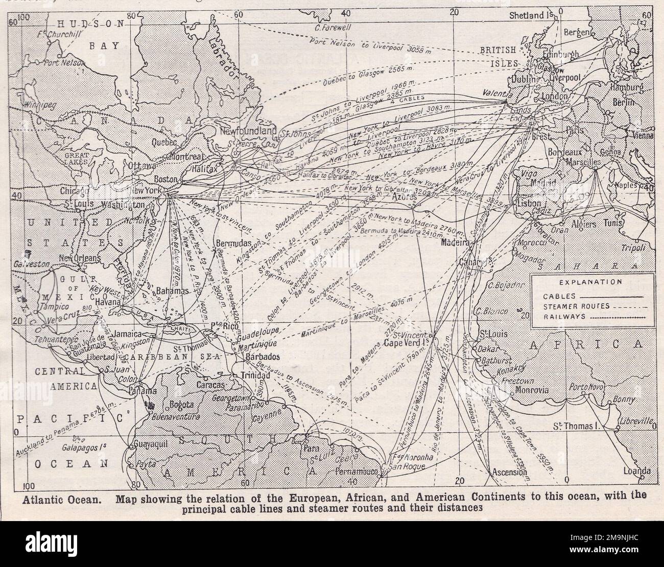 Vintage map of the Atlantic Ocean showing relation of the European ...