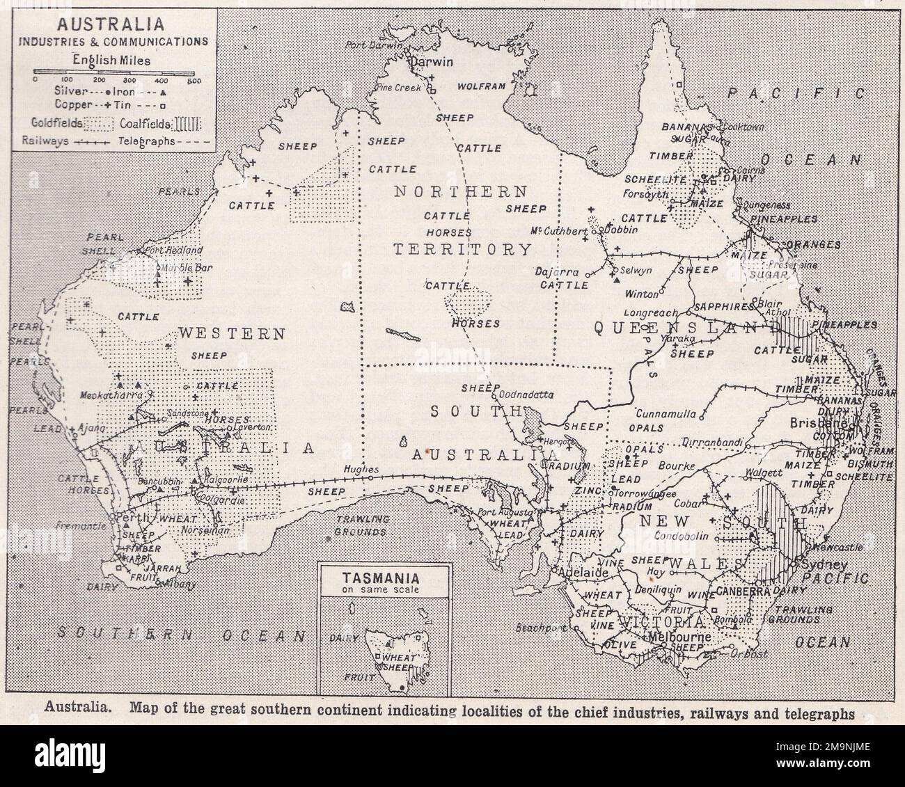 Vintage map of Australia Industries and Communications Stock Photo - Alamy