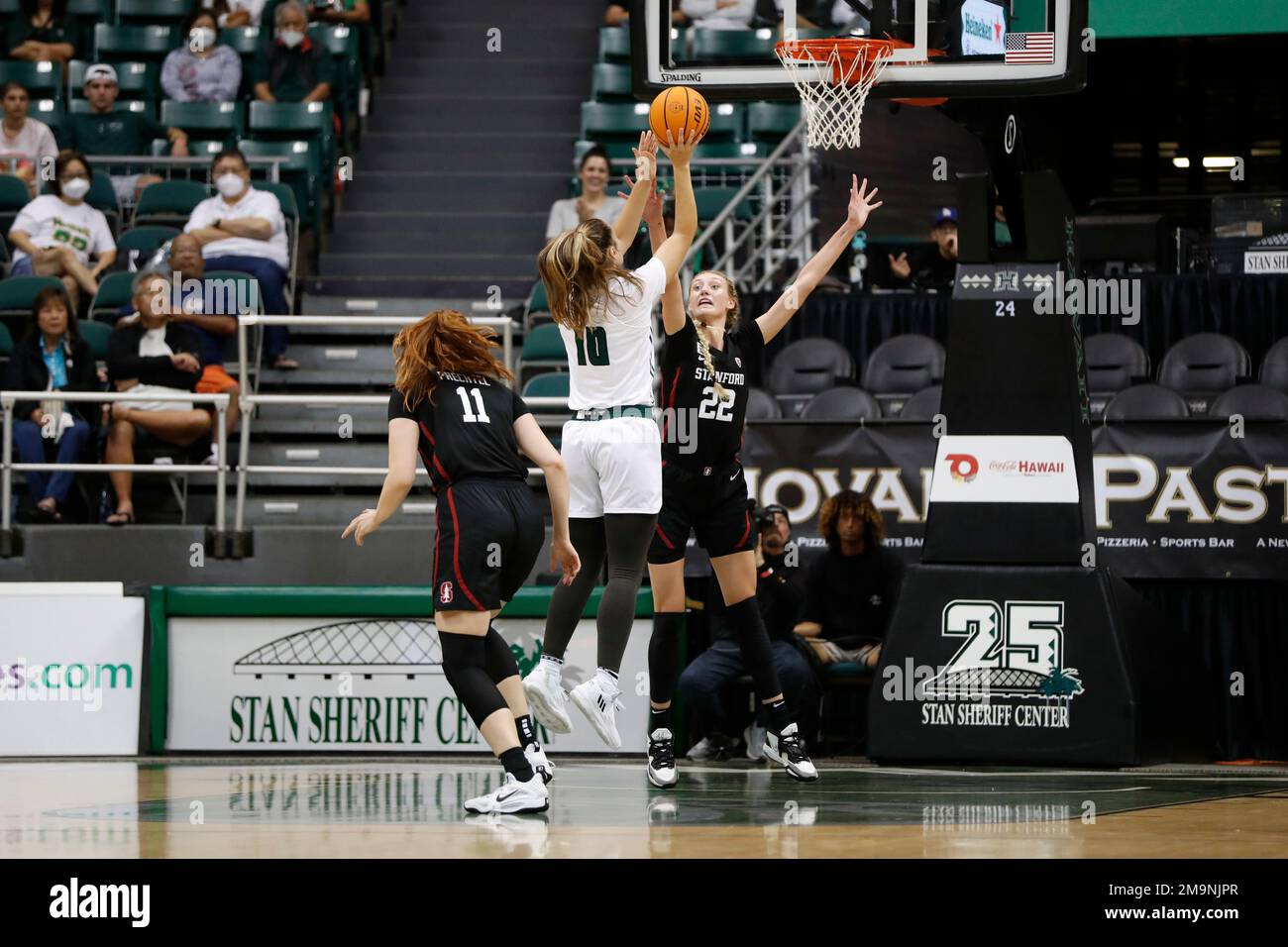 Hawaii forward Meg Jefferson (10) shoots over Stanford forward Cameron ...