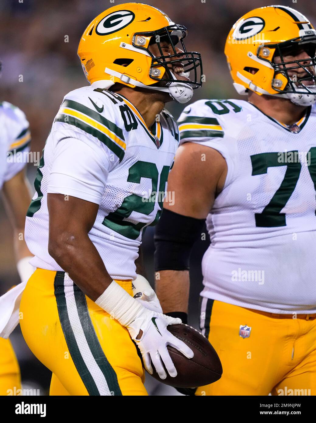 Green Bay Packers' AJ Dillon reacts after running for a touchdown ...