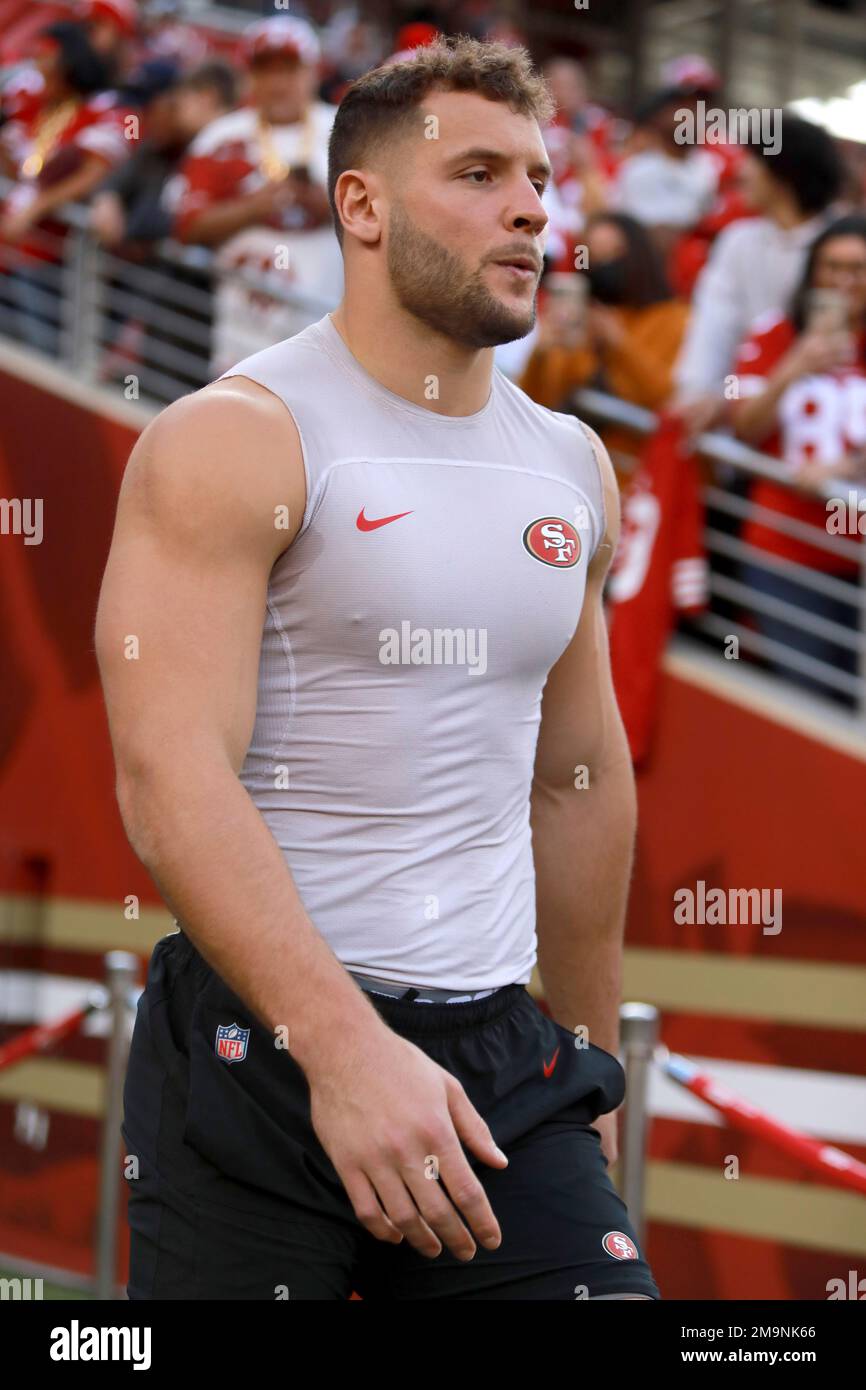 San Francisco 49ers defensive end Nick Bosa (97) walks onto the field ...