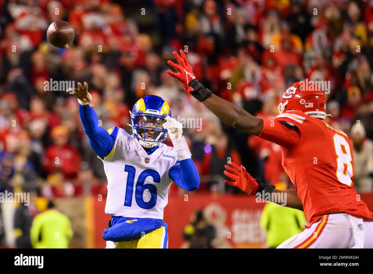 Los Angeles Rams quarterback Bryce Perkins (16) throws while being ...