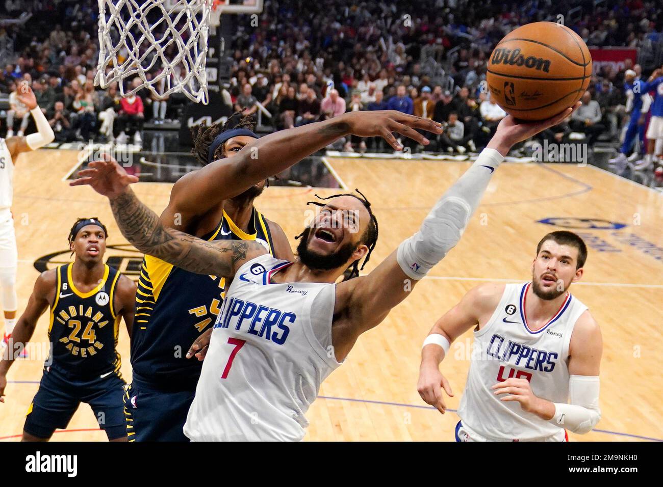 Los Angeles Clippers guard Amir Coffey (7) shoots as Indiana Pacers ...