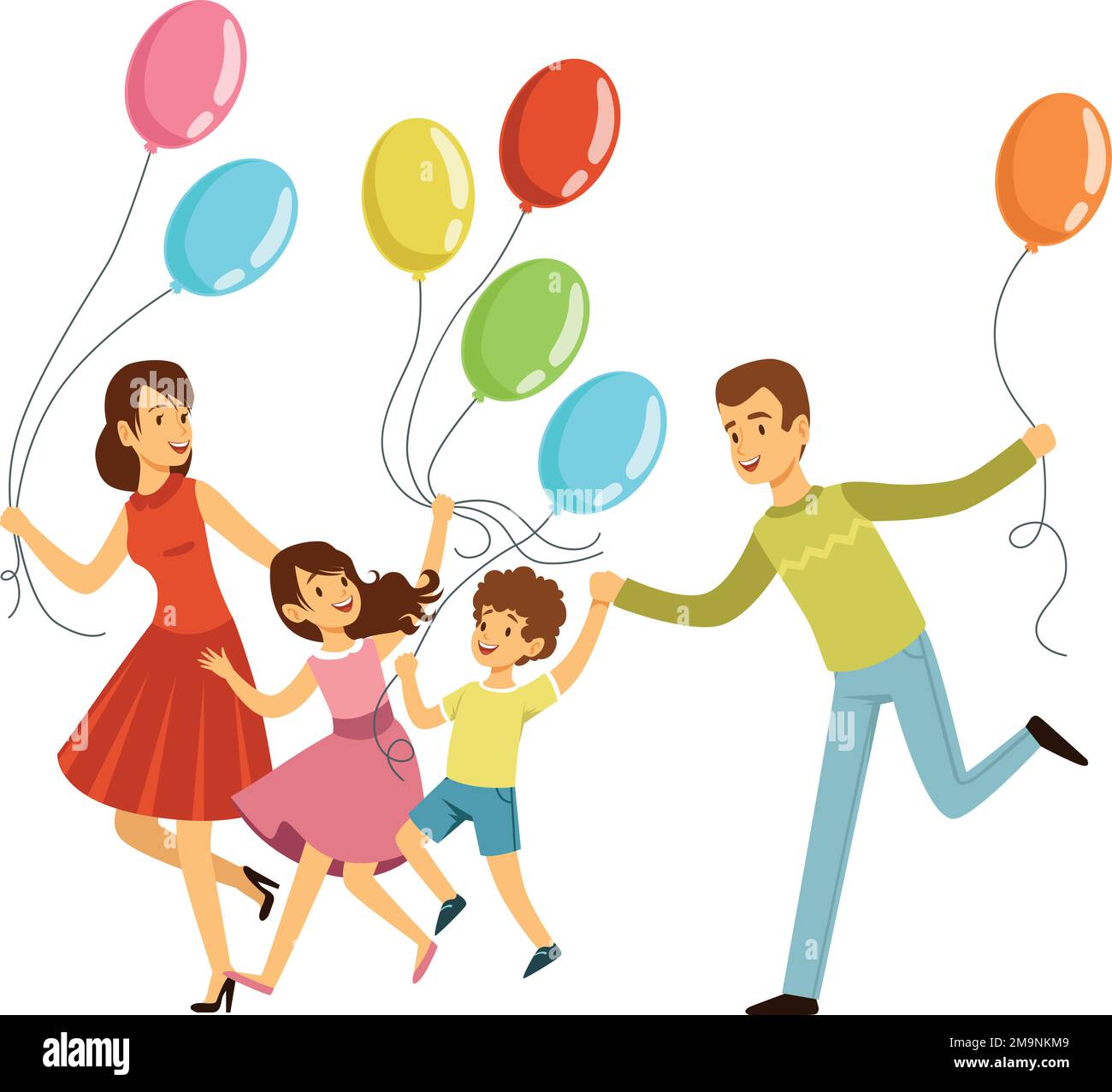 Happy family running with balloons. Celebrating parents and kids Stock ...