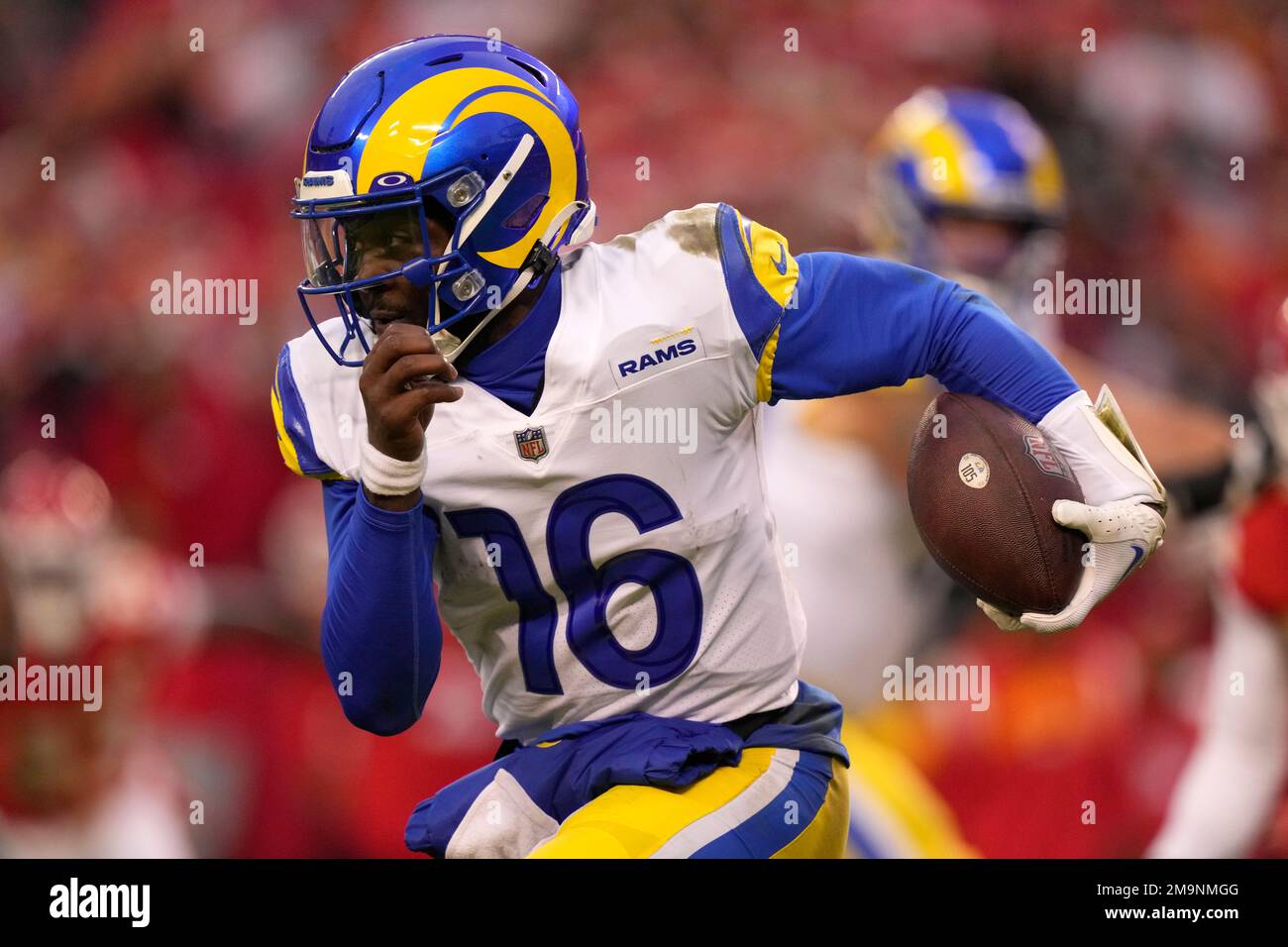 Los Angeles Rams quarterback Bryce Perkins (16) scrambles up field ...