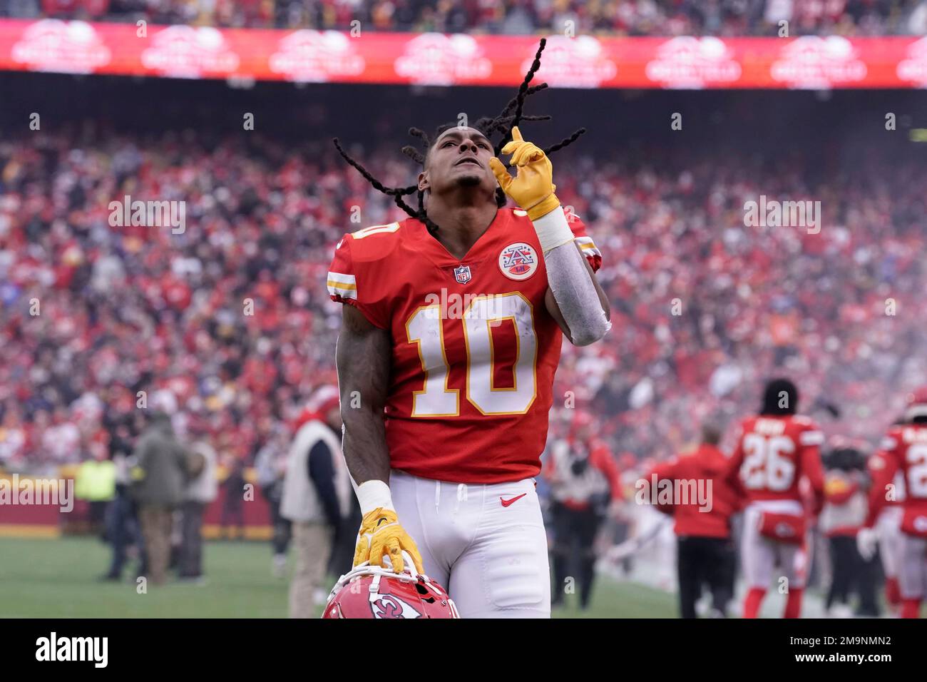 Kansas City Chiefs running back Isiah Pacheco (10) reacts on the field ...