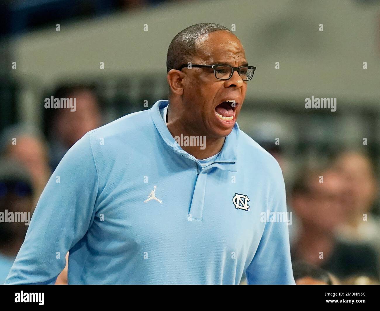 North Carolina head coach Hubert Davis shouts to his team during the ...