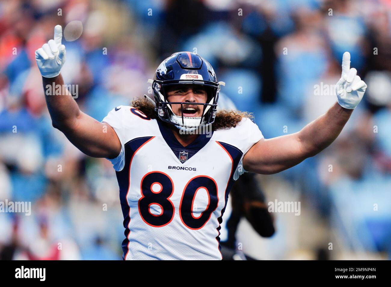Denver Broncos tight end Greg Dulcich celebrates during the second half ...