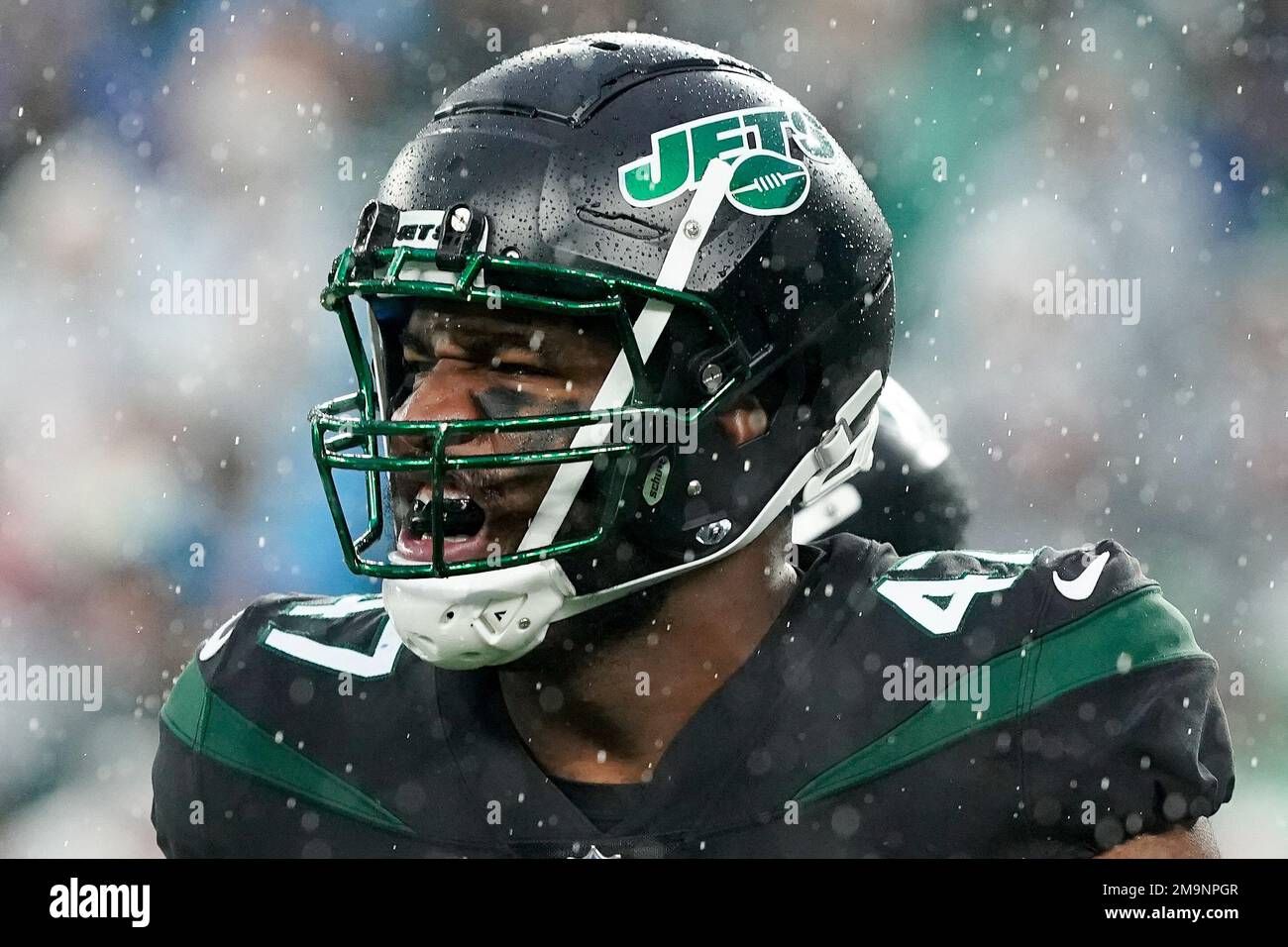 New York Jets defensive end Bryce Huff (47) reacts after sacking ...