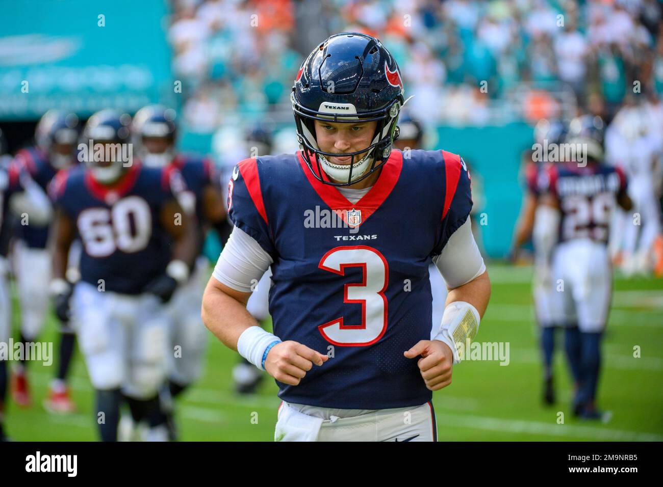Houston Texans quarterback Kyle Allen (3) looks down at the field after ...
