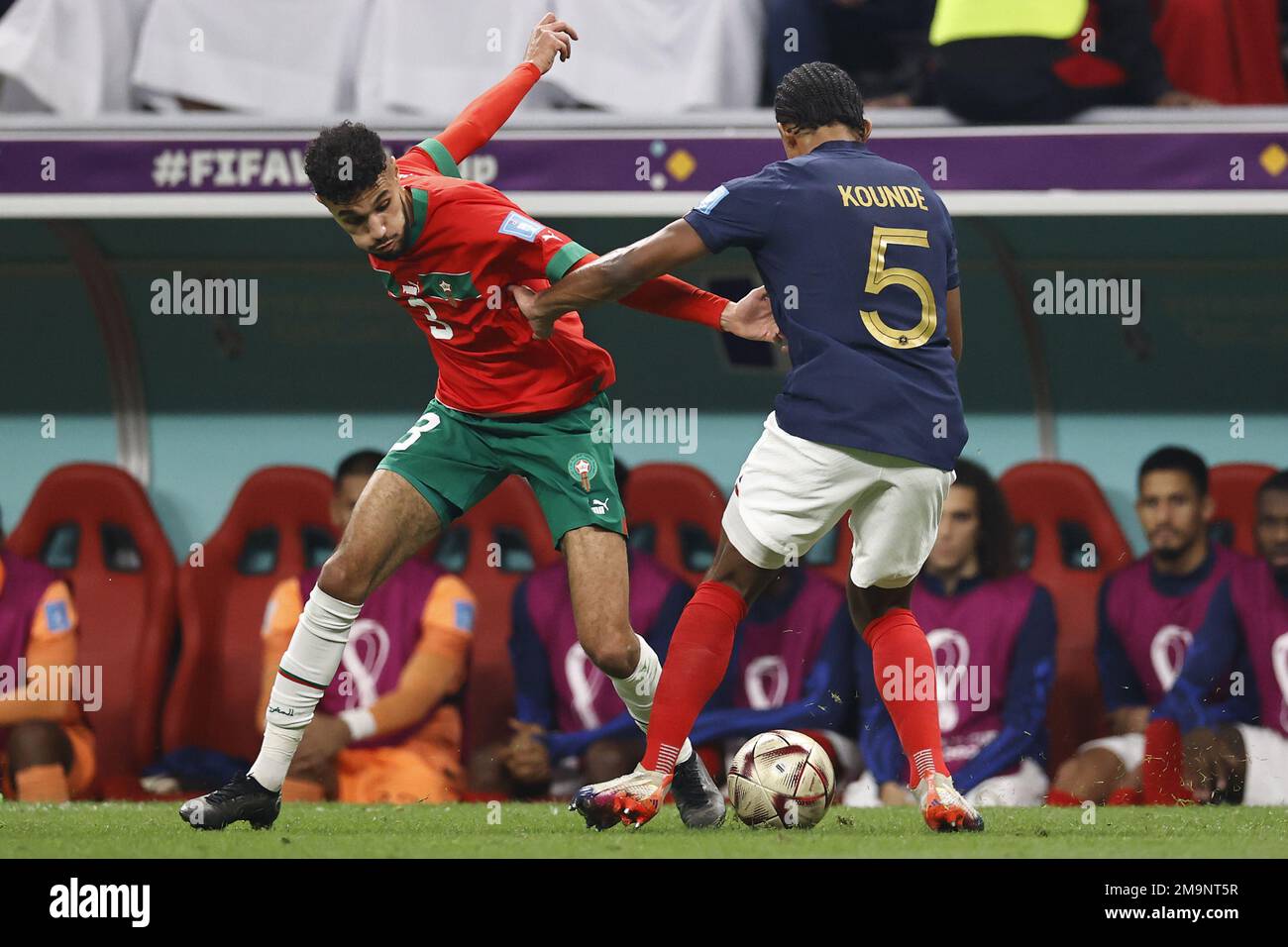AL KHOR - (LR) Noussair Mazraoui of Morocco, Jules Kounde of France ...