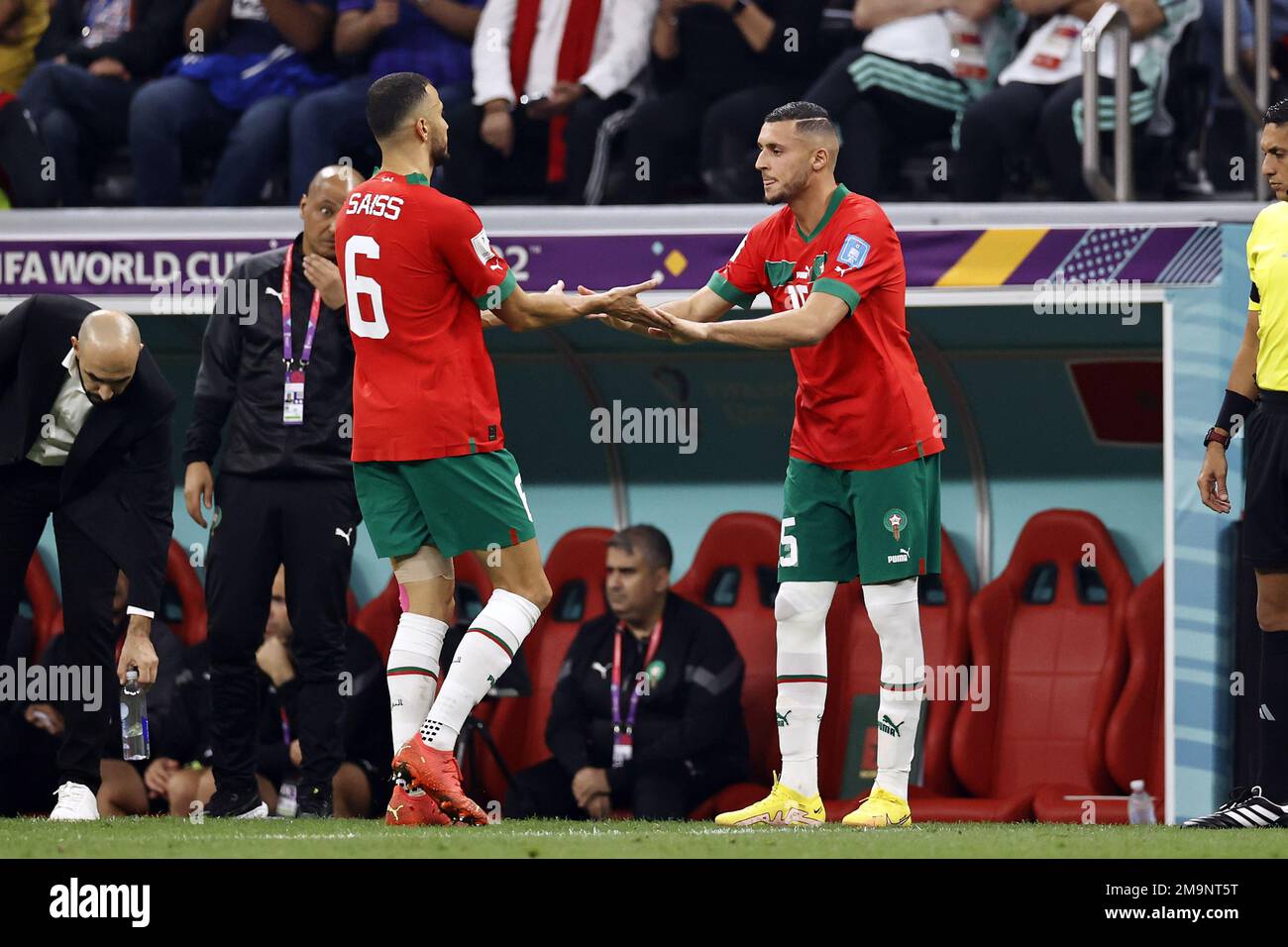 AL KHOR - (LR) Romain Saiss of Morocco, Naif Aguerd of Morocco during ...