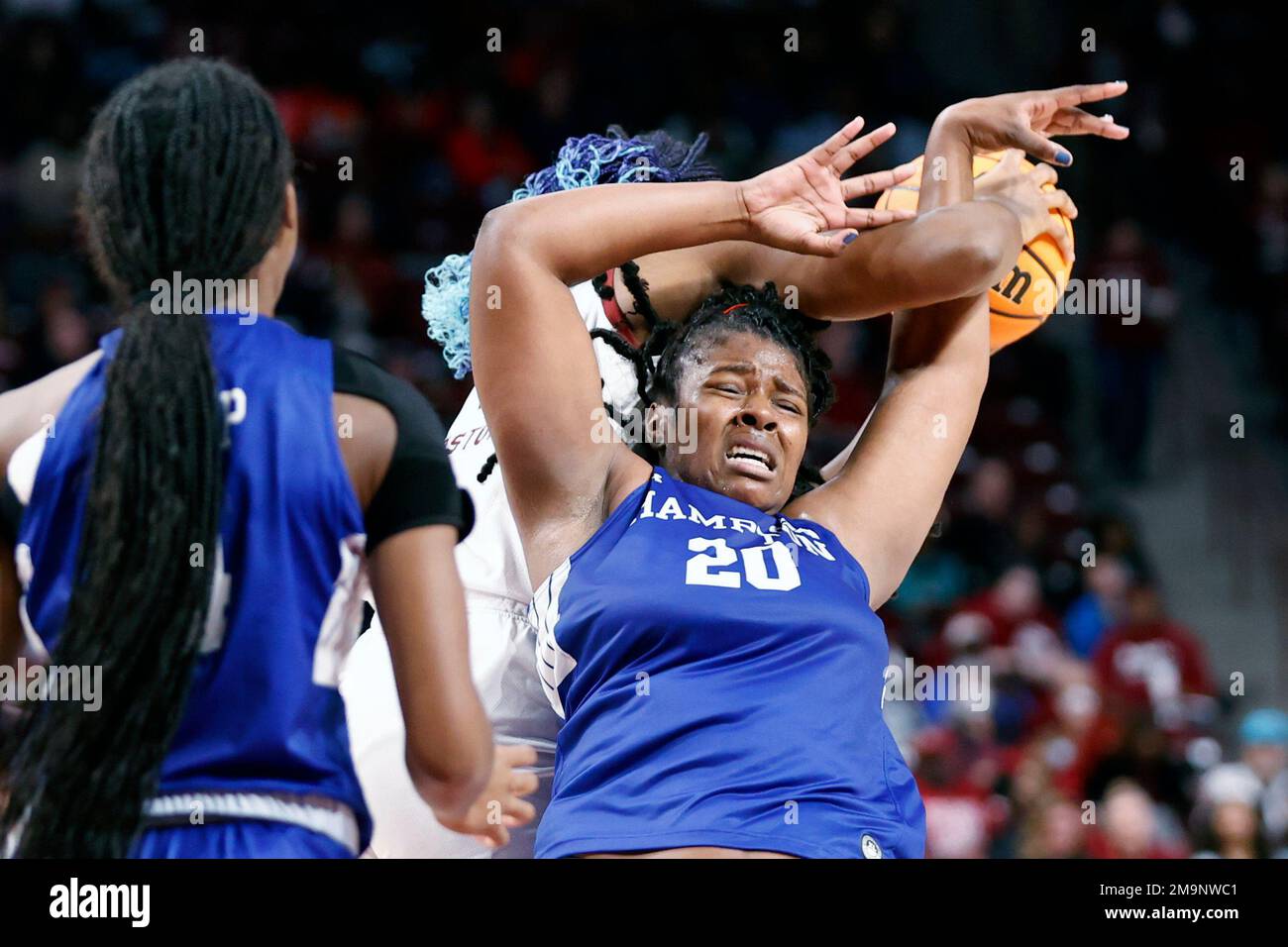 Hampton forward Nylah Young (20) battles South Carolina forward Aliyah ...