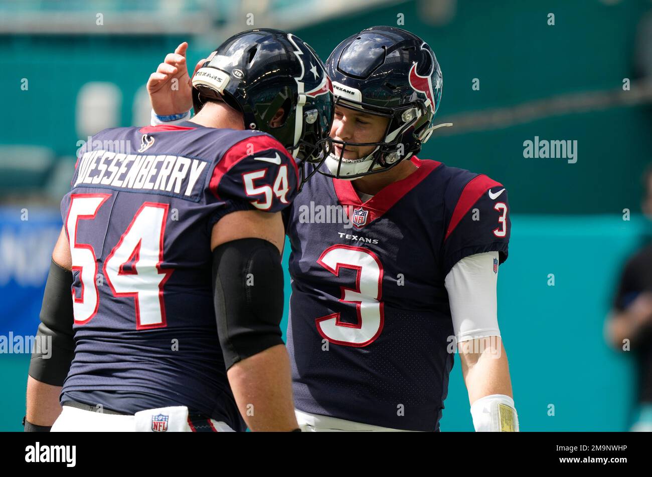Houston Texans quarterback Kyle Allen (3) greets center Scott ...