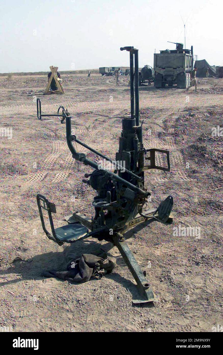 A captured Iraqi anti-aircraft weapon is displayed after US Marine ...