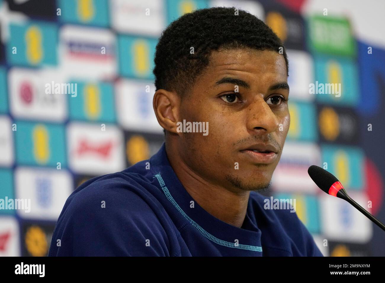England's Marcus Rashford speaks to the media during a press conference ...