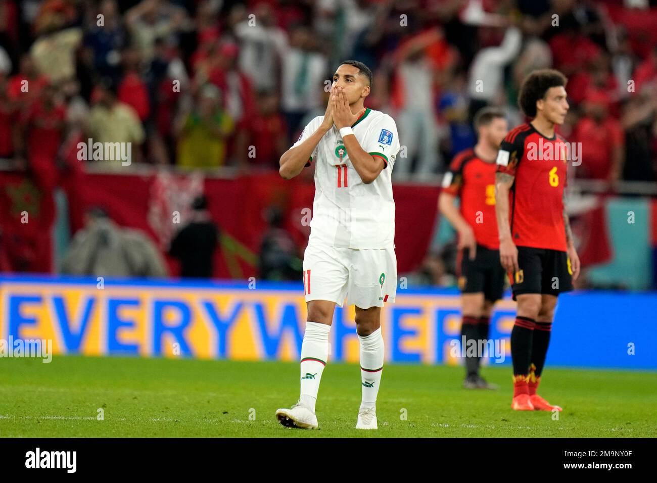 Morocco's Abdelhamid Sabiri celebrates scoring his side's opening goal ...