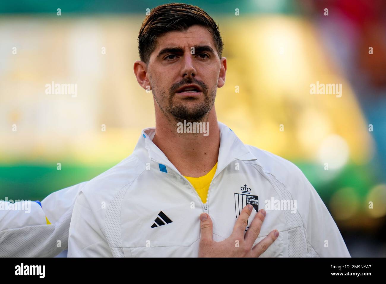 Belgium's goalkeeper Thibaut Courtois sings his national anthem prior ...
