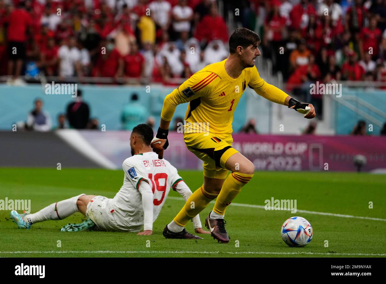 Belgium's goalkeeper Thibaut Courtois intercepts and attack of Morocco ...