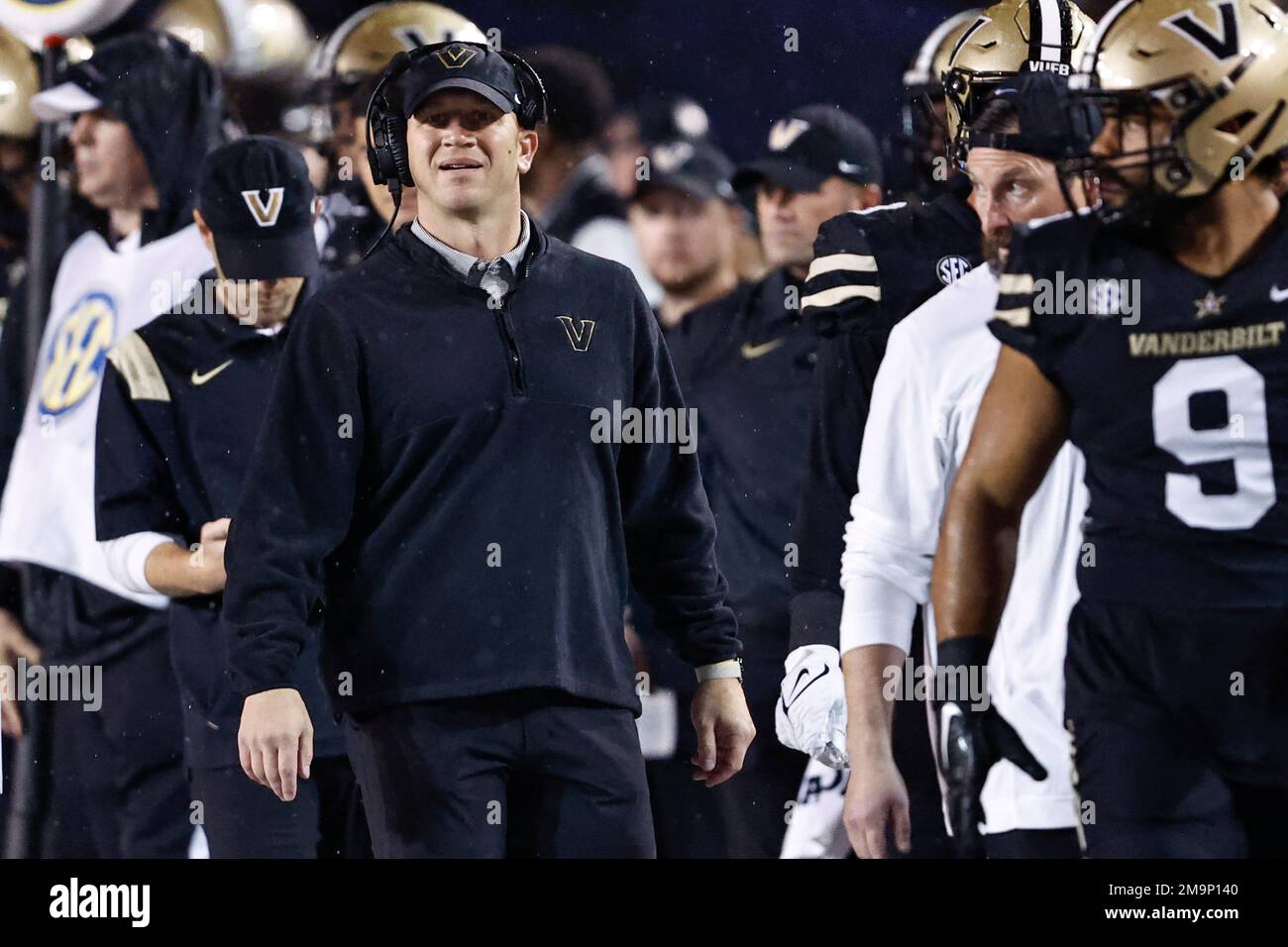 Vanderbilt coach Clark Lea looks to the replay screen during the first ...
