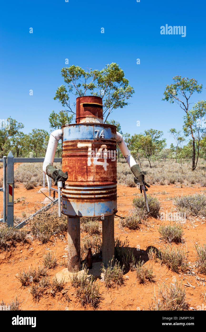 A humorous Ned Kelly letterbox in the Australian Outback, Kajabbi ...