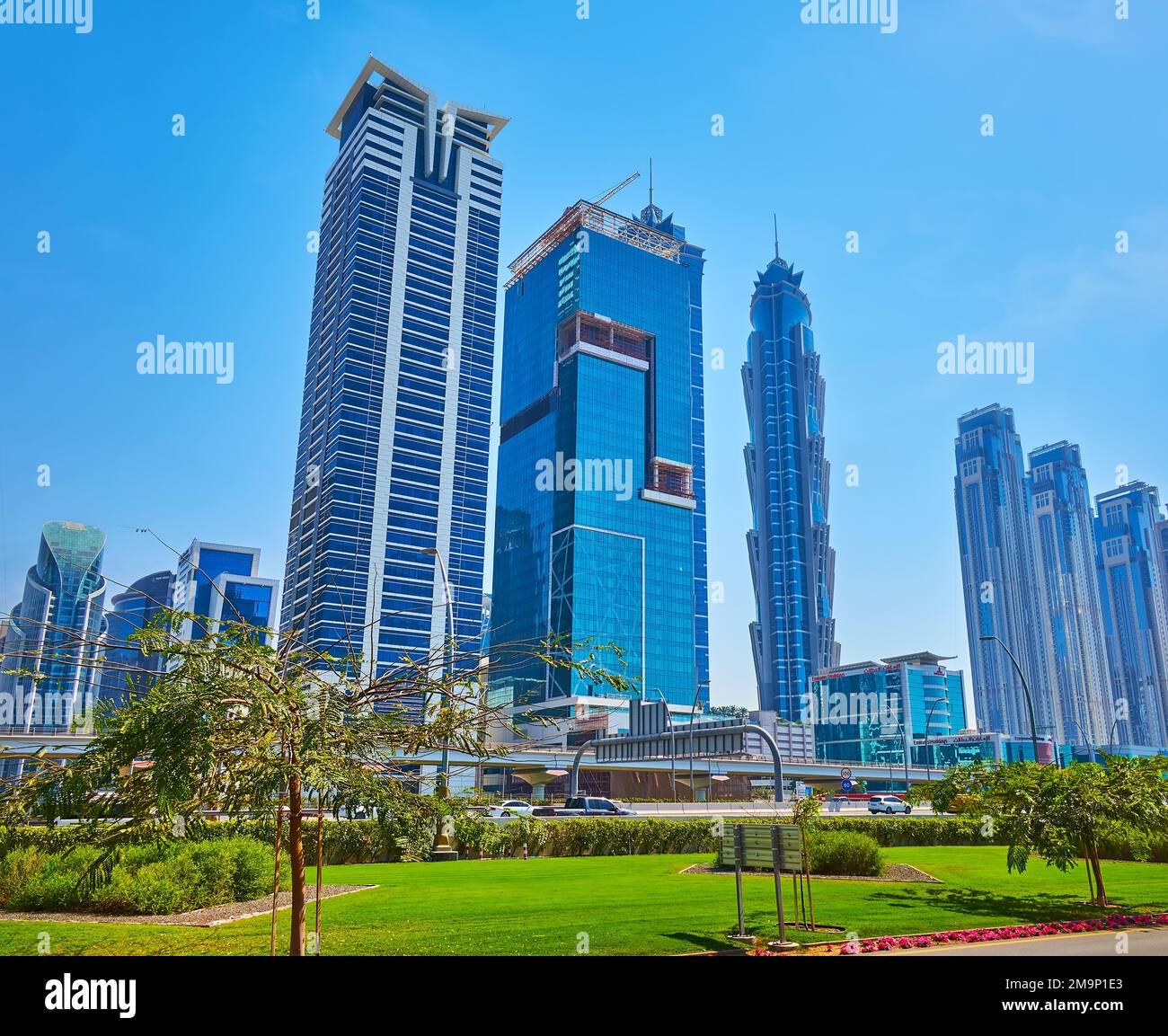 DUBAI, UAE - MARCH 6, 2020: Sheikh Zayed road in Business Bay with a ...