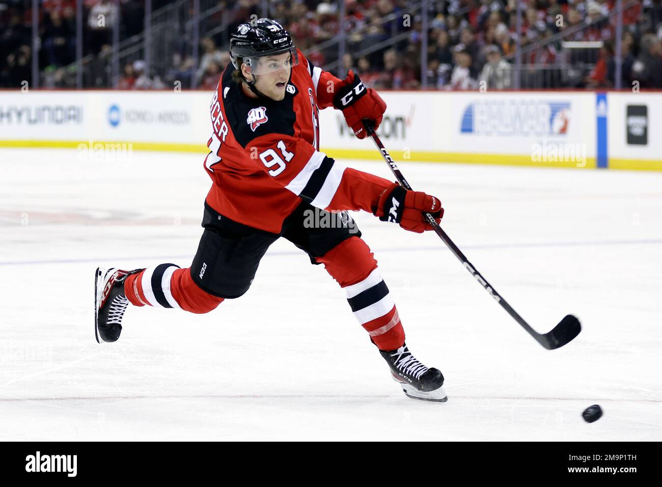 New Jersey Devils center Dawson Mercer (91) shoots against the ...