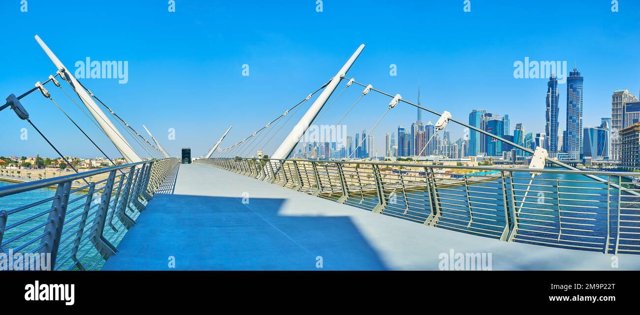 DUBAI, UAE - MARCH 6, 2020: Panorama of modern Safa Bridge with line of ...