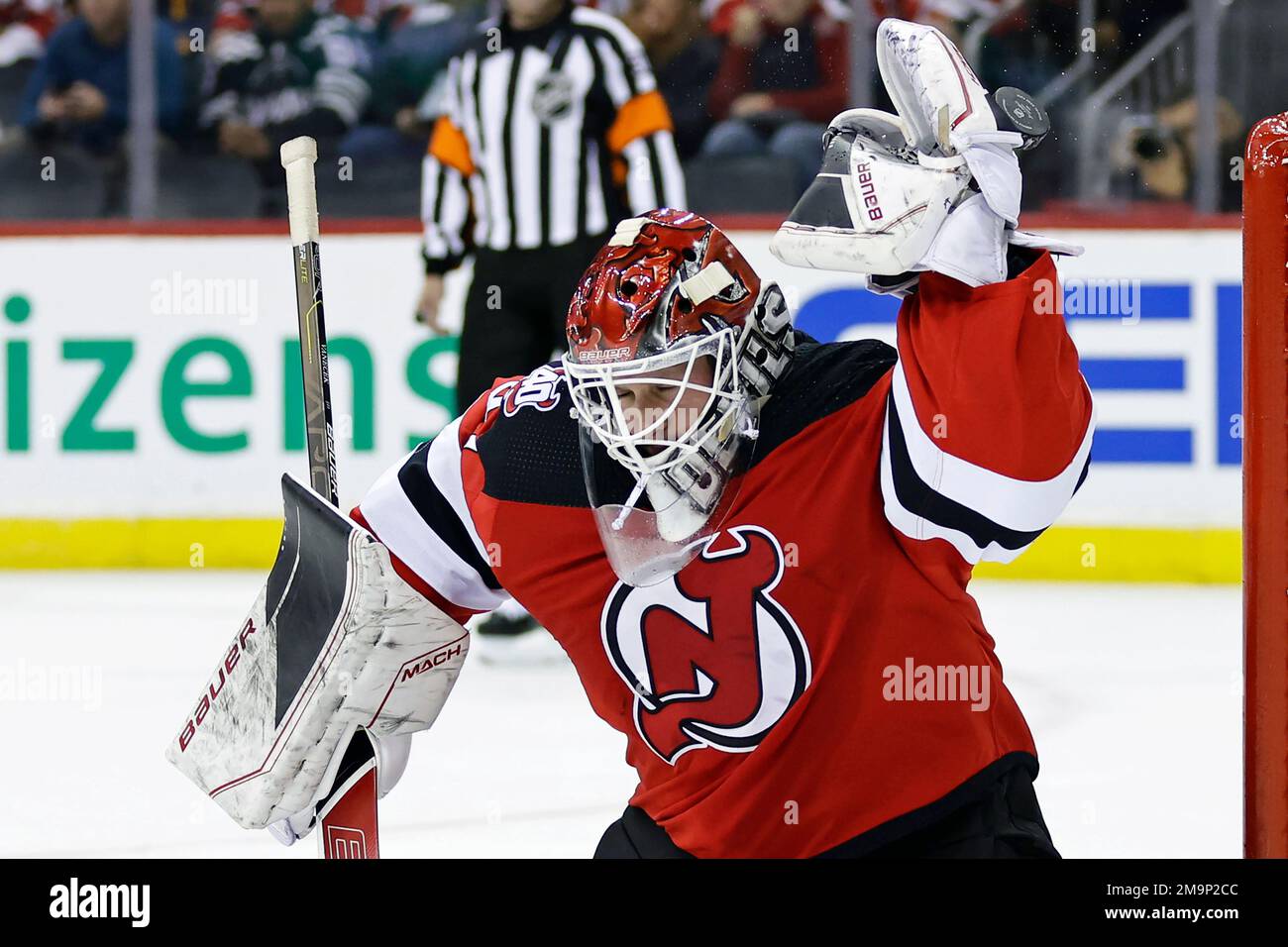 New Jersey Devils goaltender Vitek Vanecek makes a save against the ...